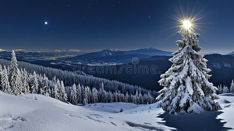 Snowy Mountain Peak Night Scene, Starlit Tree Stock Image - Image of ...
