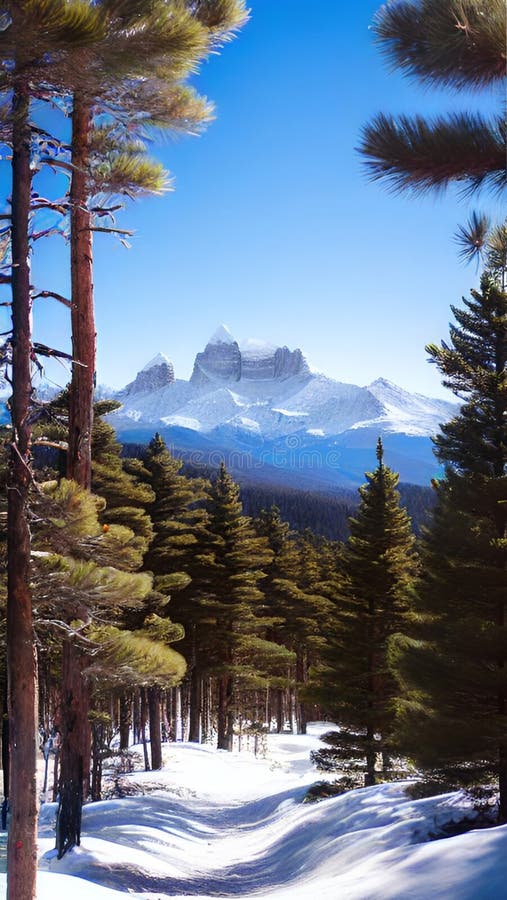 Snowy Mountain Peak with Pine Trees and Clear Sky Illustration Artificial Intelligence Artwork ...