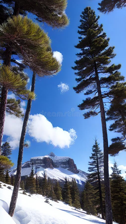 Snowy Mountain Peak with Pine Trees and Clear Sky Illustration Artificial Intelligence Artwork ...