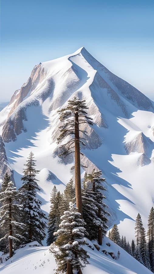 Snowy Mountain Peak with Pine Trees and Clear Sky Illustration Artificial Intelligence Artwork ...
