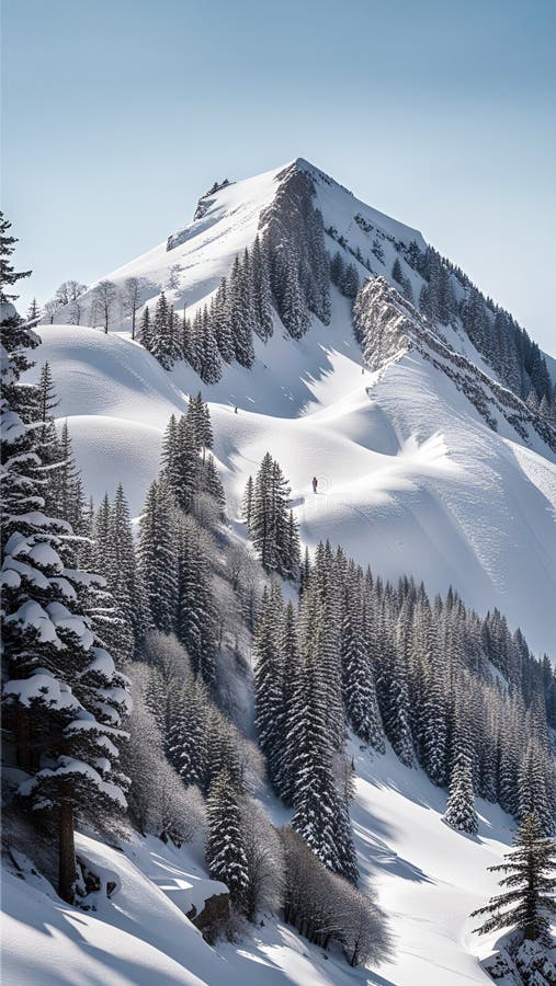 Snowy Mountain Peak with Pine Trees and Clear Sky Illustration Artificial Intelligence Artwork ...