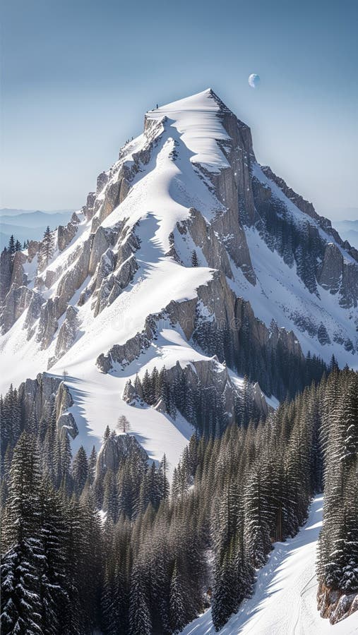 Snowy Mountain Peak with Pine Trees and Clear Sky Illustration Artificial Intelligence Artwork ...