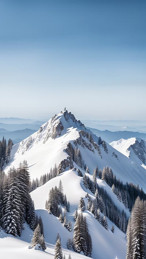 Snowy Mountain Peak with Pine Trees and Clear Sky Illustration Artificial Intelligence Artwork ...