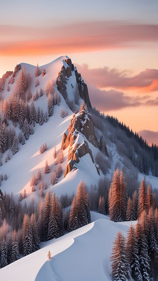 Snowy Mountain Peak with Pine Trees and Clear Sky Illustration Artificial Intelligence Artwork ...