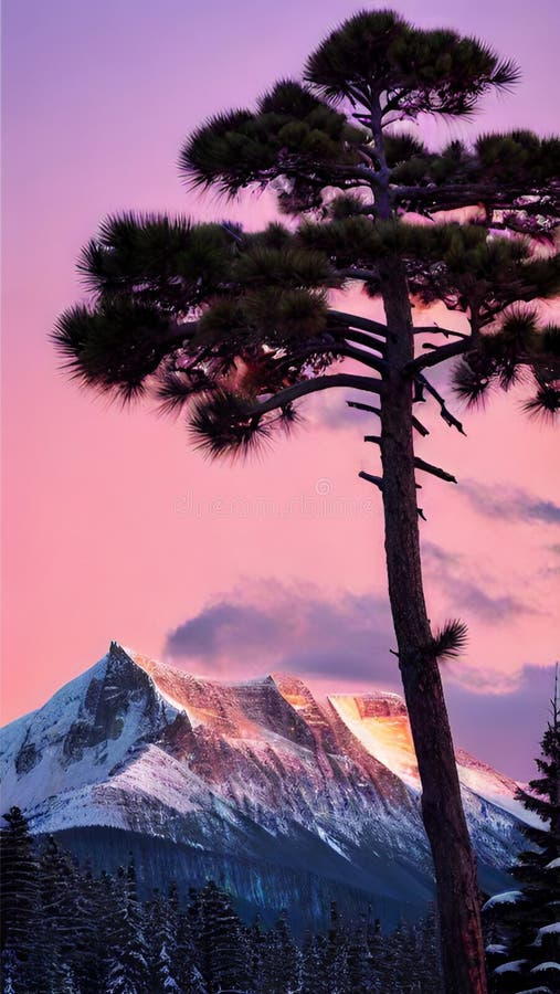 Snowy Mountain Peak with Pine Trees and Clear Sky at Sunset Illustration Artificial Intelligence ...