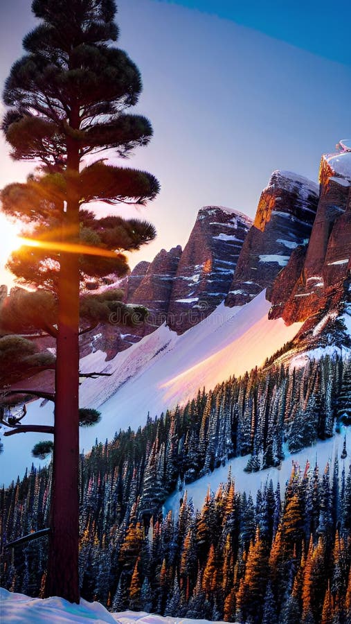 Snowy Mountain Peak with Pine Trees and Clear Sky at Sunset Illustration Artificial Intelligence ...