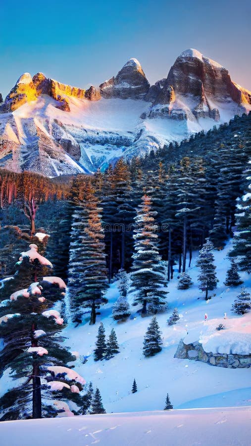 Snowy Mountain Peak with Pine Trees and Clear Sky at Sunset Illustration Artificial Intelligence ...