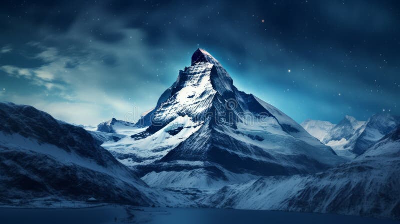 A Snowy Mountain Peak with a Starry Night Sky Stock Illustration ...