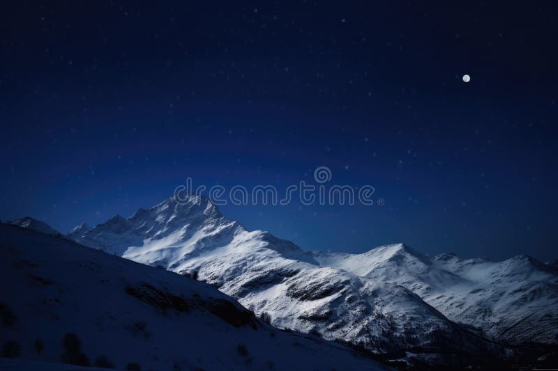 A Snowy Mountain Peak Under a Moon-lit Night Sky Stock Illustration ...