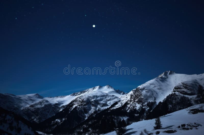 A Snowy Mountain Peak Under a Moon-lit Night Sky Stock Photo - Image of ...