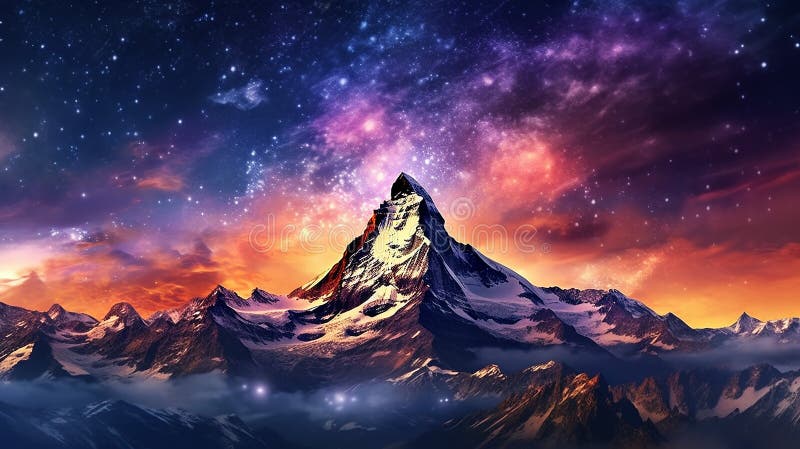 Snowy Mountain Peak Under Starry Galaxy Majesty Stock Illustration ...