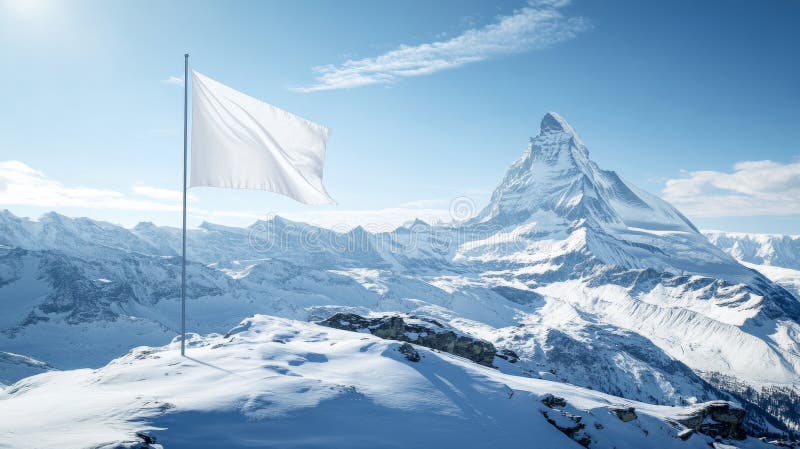 Snowy Mountain Peak with White Flag Under Clear Blue Sky. Peace and ...