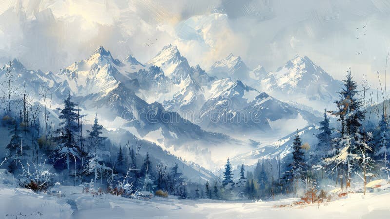 Snowy Mountain Range View from Forest Clearing Stock Photo - Image of ...