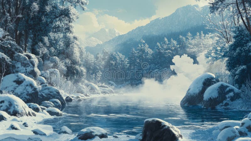 A Snowy Mountain Stream with Steam Rising from the Water Stock ...