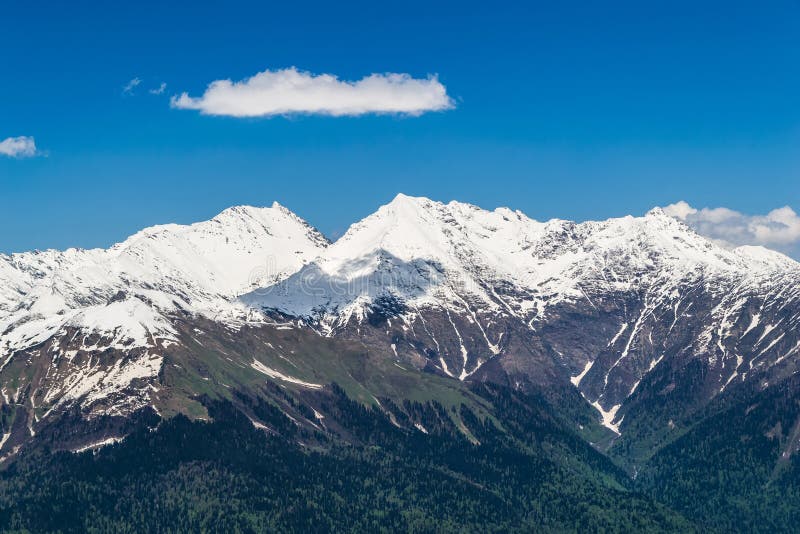 Snowy Mountain Tops with Clouds in the Blue Sky Stock Photo - Image of ...