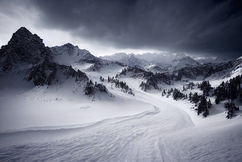A Snowy Mountain with a Trail Going through it and a Dark Sky Above it ...