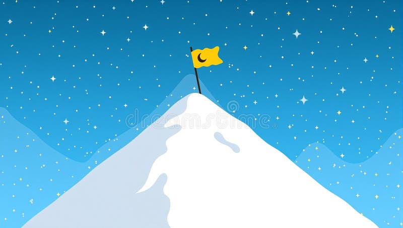 Snowy Mountain Under Starry Sky with Crescent Flag on Yellow Pole ...