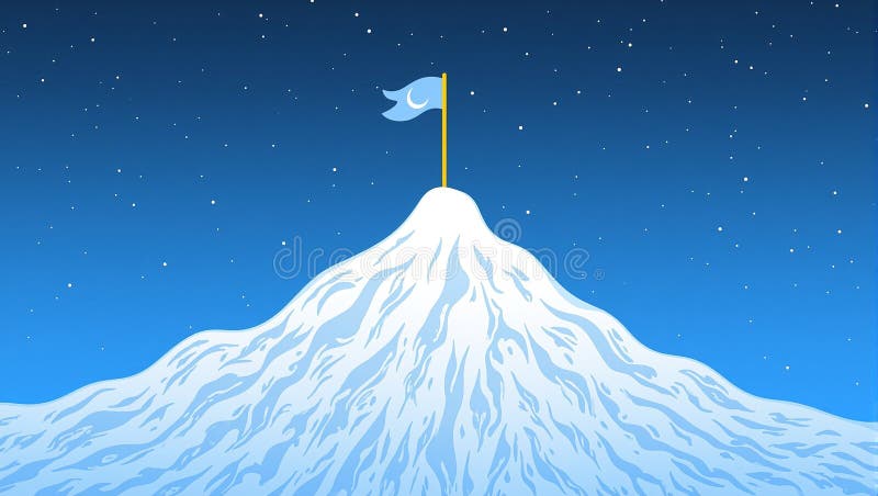 Snowy Mountain Under Starry Sky with Crescent Flag on Yellow Pole ...