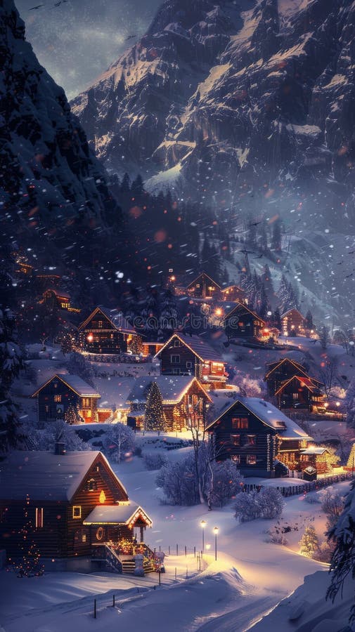 Snowy Mountain Village at Night with Illuminated Cabins Stock Photo ...