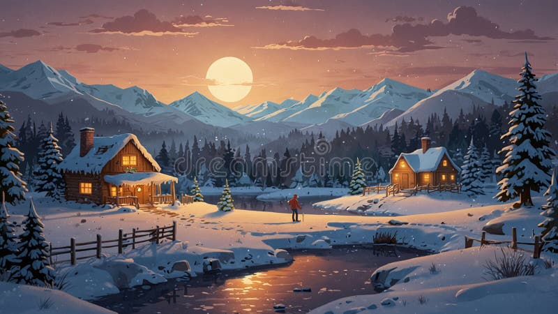 Snowy Mountain Village at Night with Log Cabins and Full Moon ...