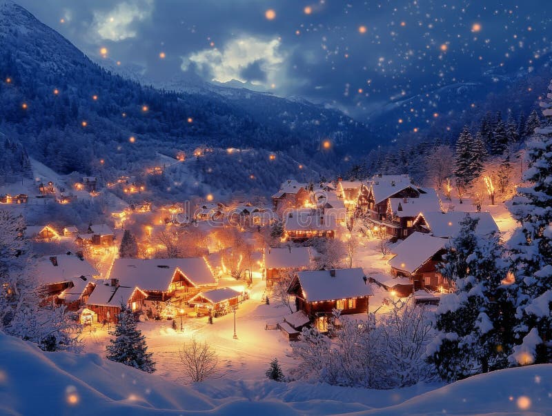 Snowy Mountain Village at Night with Twinkling Lights Stock Image ...
