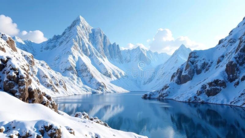 Snowy Mountains with a Lake Stock Photo - Image of movement, water ...