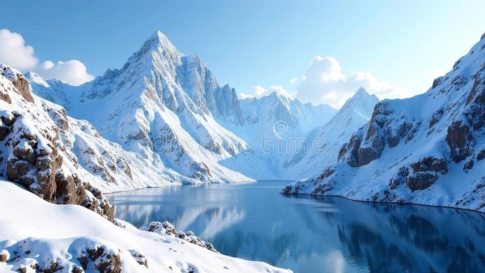 Snowy Mountains with a Lake Stock Photo - Image of movement, water ...