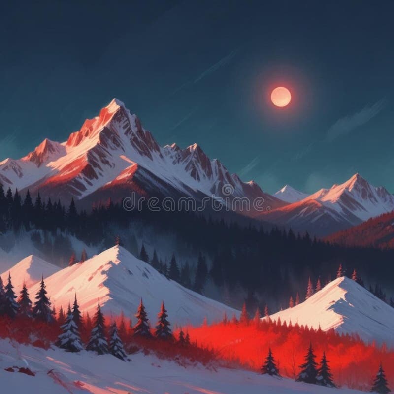 Snowy Mountains Landscape with Red Trees, Against a Bright Sun Stock ...