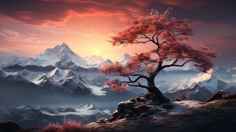 Snowy Mountains with Little Tree at Sunrise Moment Stock Image - Image ...