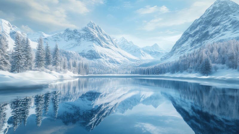 Snowy Mountains Mirrored in a Frozen Lake Stock Illustration ...