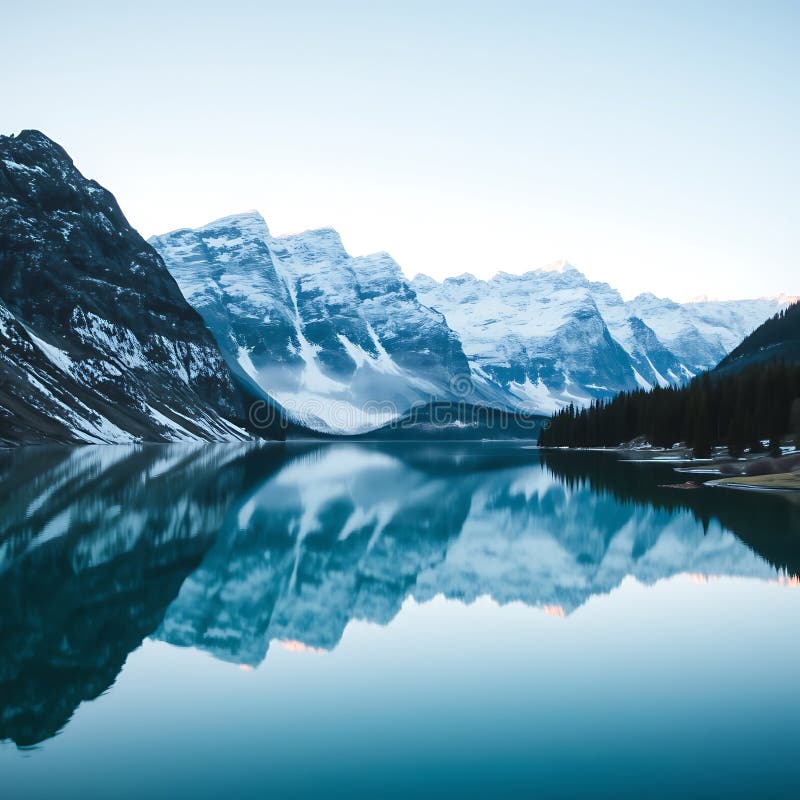 Snowy Mountains Reflecting in Calm Lake Stock Illustration ...