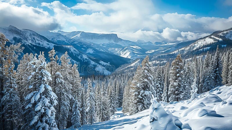 Snowy Mountains with Trees and Snow on Them and a Blue Sky Stock ...