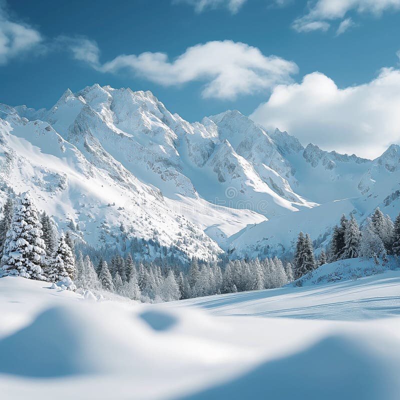 Snowy Mountains with Trees and Snow on Them in the Foreground Stock ...