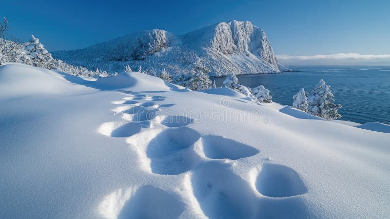 Snowy Mountainside View with Visible Footprints Leading To a Serene ...