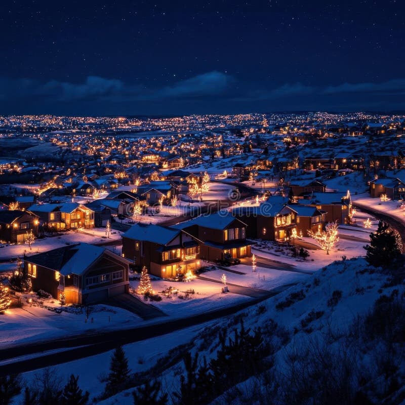 Snowy Neighborhood at Night with Twinkling Lights Stock Illustration ...
