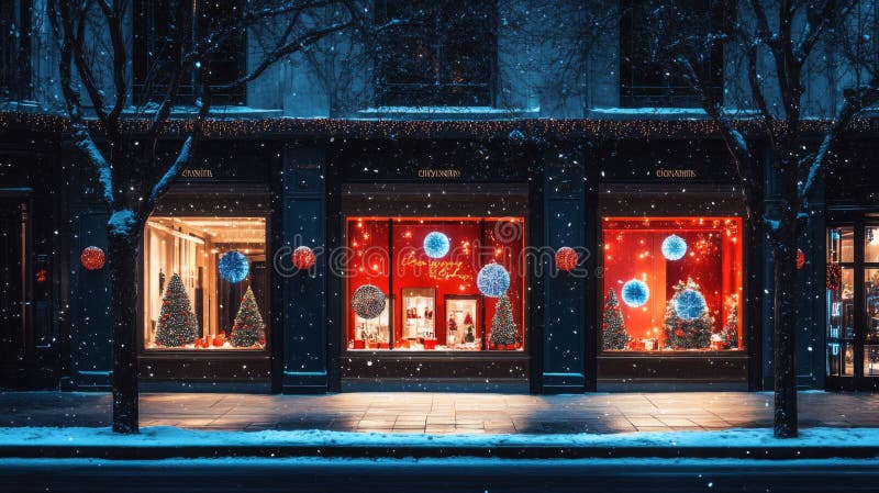 Snowy Night Christmas Storefront Display with Festive Decorations and ...