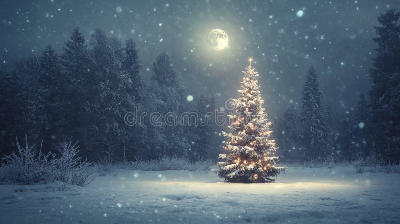 A Snowy Night with a Christmas Tree Illuminated by the Moon Stock ...