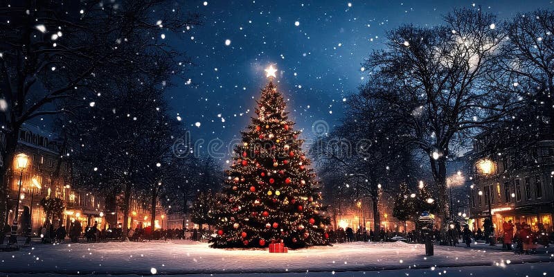 Snowy Night with a Christmas Tree Stock Illustration - Illustration of ...