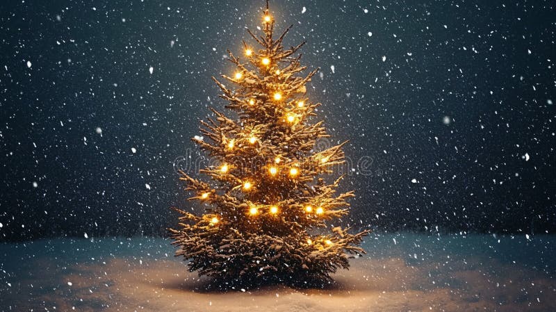 Snowy Night Christmas Tree with Warm Lights High Quality Image Stock ...