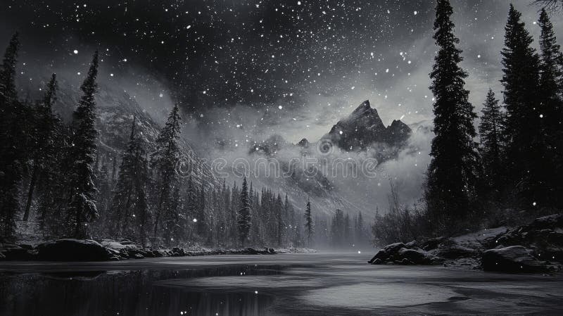 Snowy Night Landscape with Mountains and River Stock Illustration ...