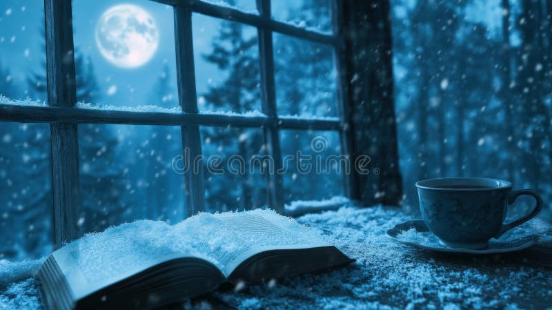 Snowy Night with Open Book and Steaming Cup beside Moonlit Window, AI ...