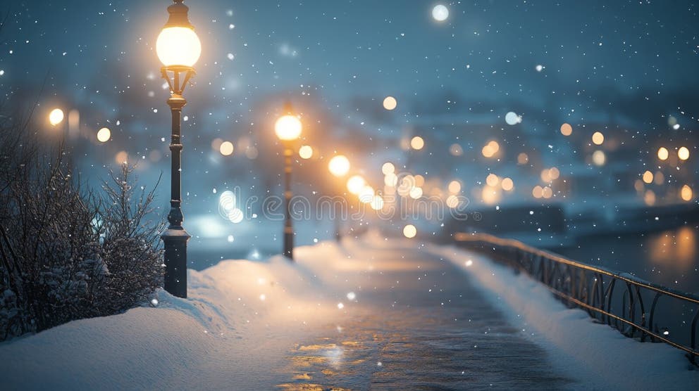Snowy Night Path Illuminated by Streetlights Stock Illustration ...