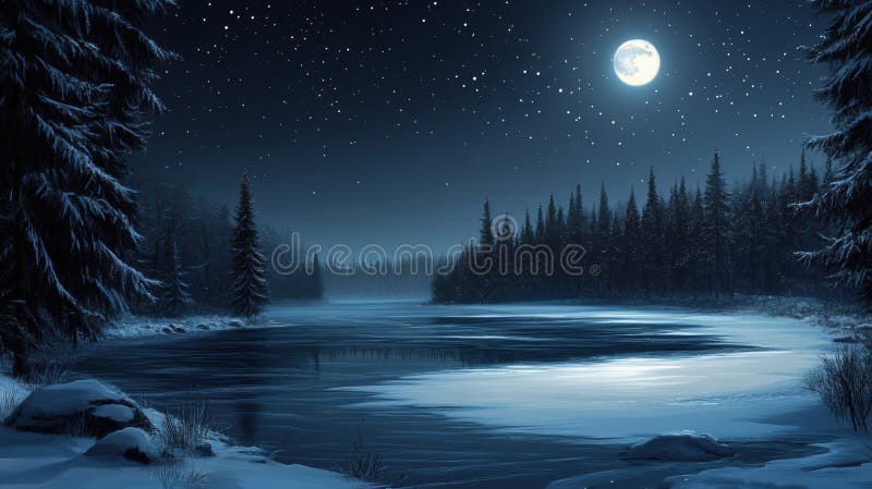A Snowy Night Scene with a Full Moon and Trees in the Background, AI ...