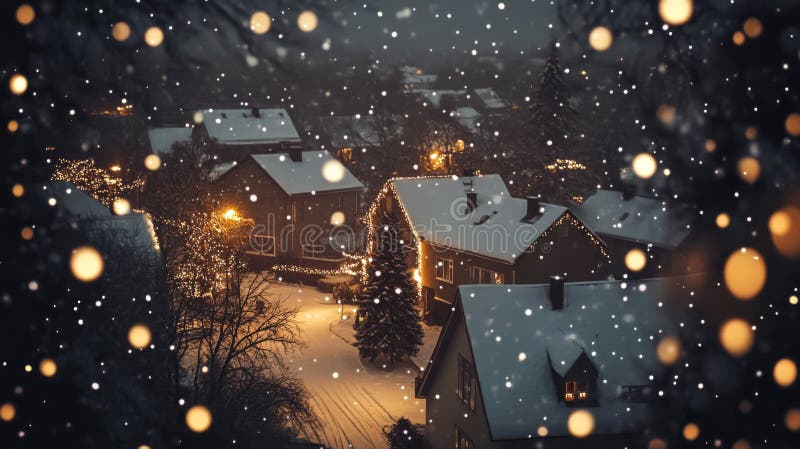 Snowy Night in a Small Town with Christmas Lights Stock Illustration ...