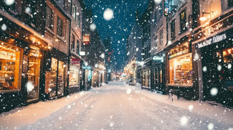 Snowy Night Street Scene with Illuminated Shops and Falling Snow Stock ...