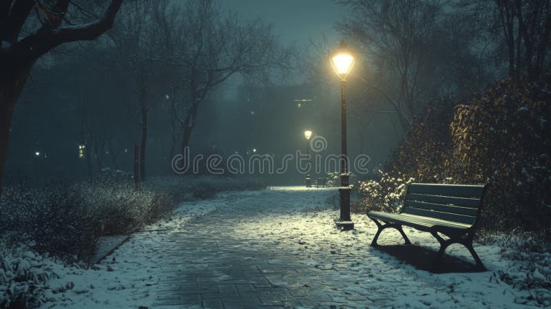Snowy Nighttime Pathway with Illuminated Streetlight and Bench Stock ...