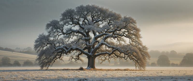 Snowy Oak Tree Stands Alone Rural Winter Field Stock Photos - Free ...
