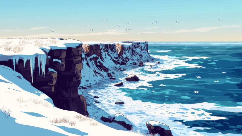 Snowy Ocean Cliff Winter Seascape Stock Illustration - Illustration of ...
