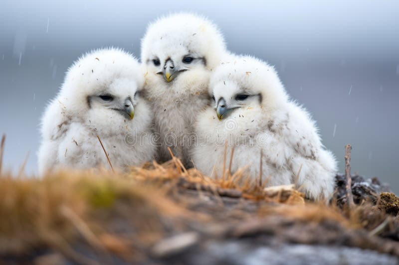 Snowy Owl Chicks Huddled Together on a Snowy Nest Stock Photo - Image ...