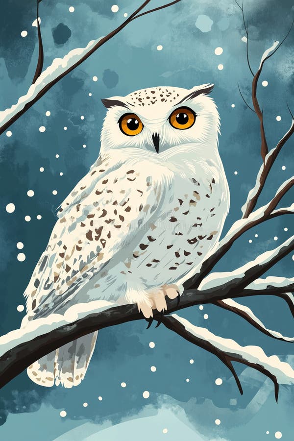 Snowy Owl Perched on a Snowy Branch. Cartoon Illustration Stock ...